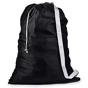 Shoulder Strap Laundry Bag - Drawstring Locking Closure, Durable Nylon Material, Large Capacity, Heavy Duty Stitching, Hands Free Carrying, Perfect for Laundromat or College Dorm. (Black | 30" x 40")