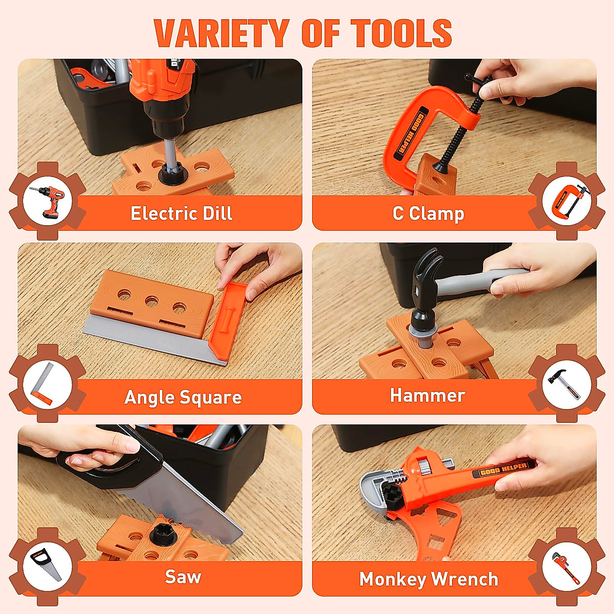 Kids Tool Set – Zealous 48 pcs Toddler Tool Set with Tool Box & Electronic Toy Drill, Pretend Play Kids Toys, Toy Construction Tools for Kids Ages 3,4,5,6,7,8 Years Old (A-Orange)
