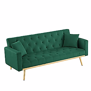 P PURLOVE Convertible Folding Futon Sofa Bed for Living Room, Velvet Sofa Bed with Armrest and 2 Pillows, Sleeper Sofa Couch with Adjustable Back for Office, Bedroom, Green