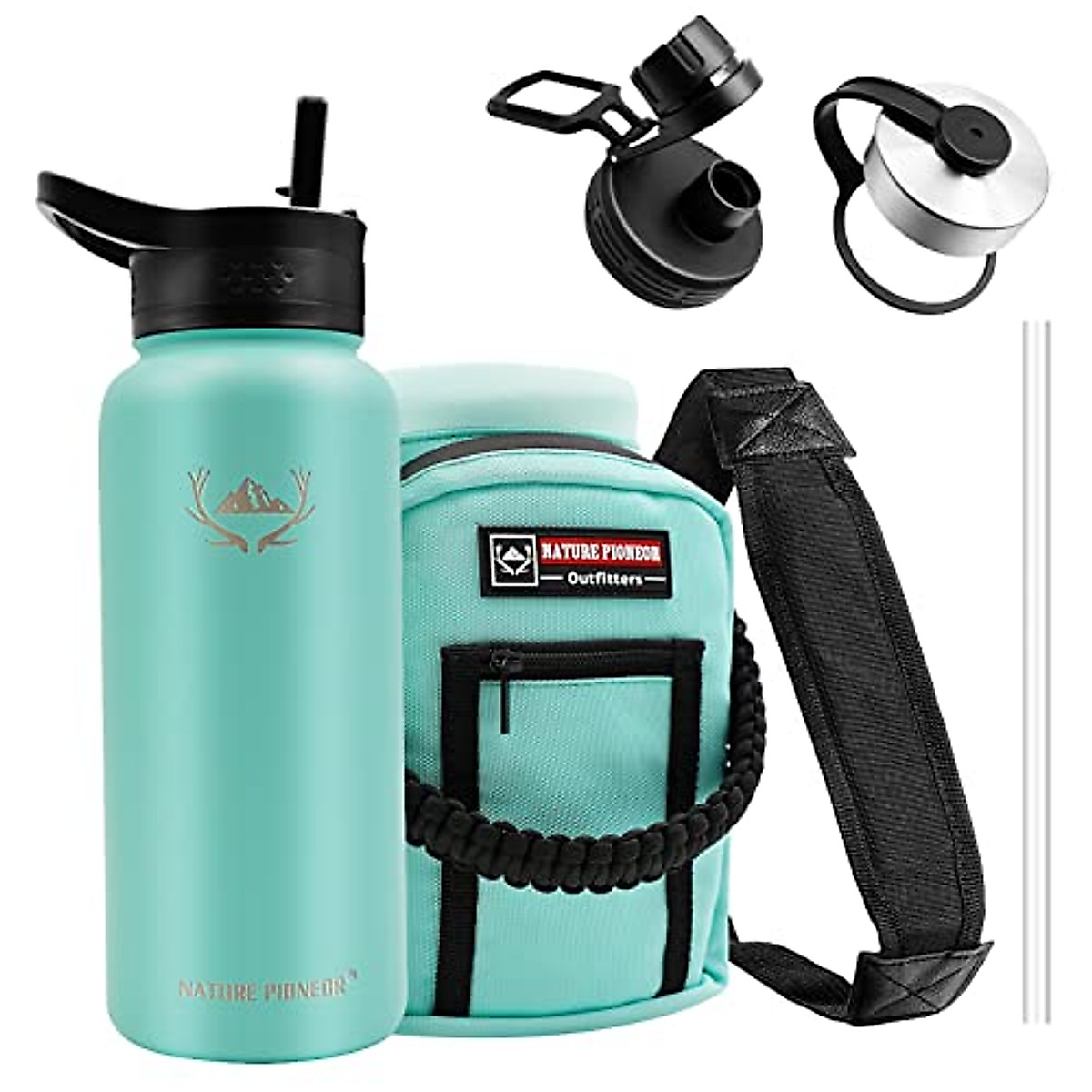 NATURE PIONEOR Insulated Water Bottles with Straw - 24/32/40 oz Stainless Steel Vacuum Water Bottle with Holder/Carrier/Sleeve - Reusable 18/8 Food Grade Thermos Water Jug