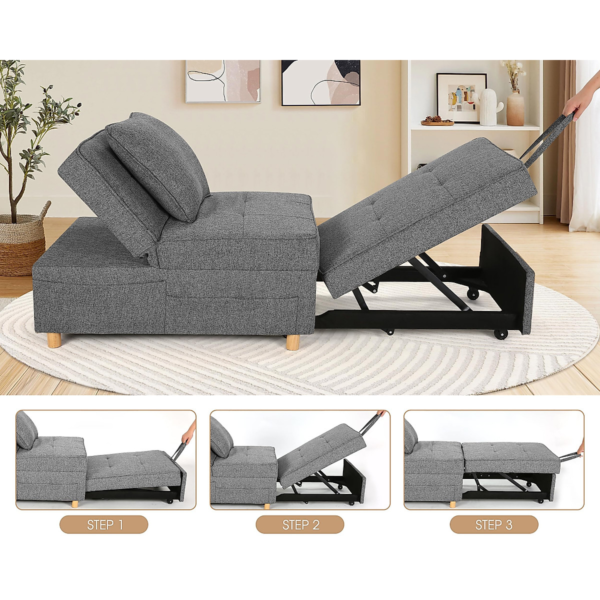 SEJOV Sleeper Sofa Chair Bed,4-in-1 Convertible Sofa Bed Chair with 6 Adjustable Backrest and Pillow, 3-Seat Pull Out Sleeper Chair Linen No Backrest for Bedroom Small Space Living Room, Dark Grey