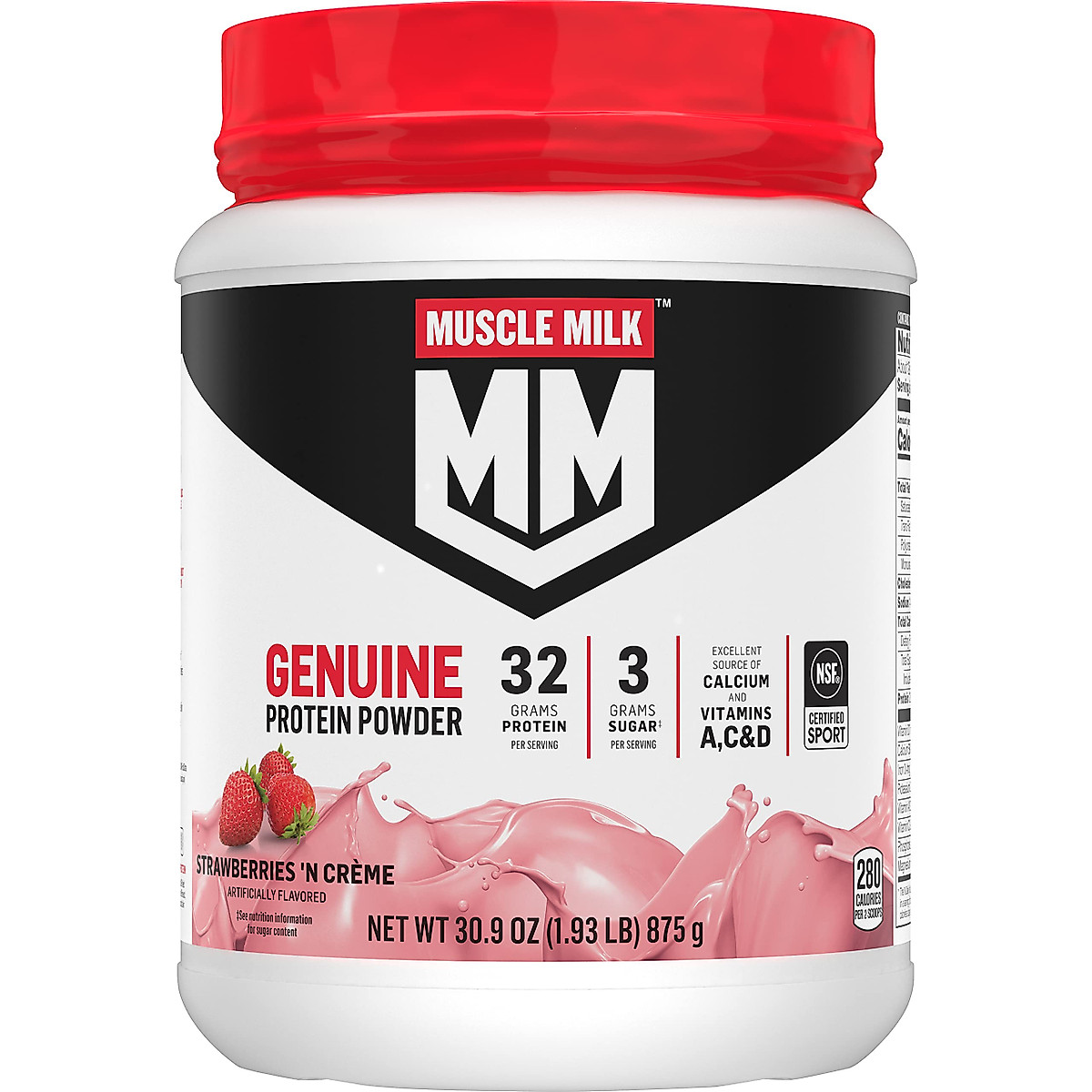 Muscle Milk Genuine Protein Powder, Strawberries ‘N Crème, 1.93 Pounds, 12 Servings, 32g Protein, 3g Sugar, Calcium, Vitamins A, C & D, NSF Certified for Sport, Energizing Snack, Packaging May Vary