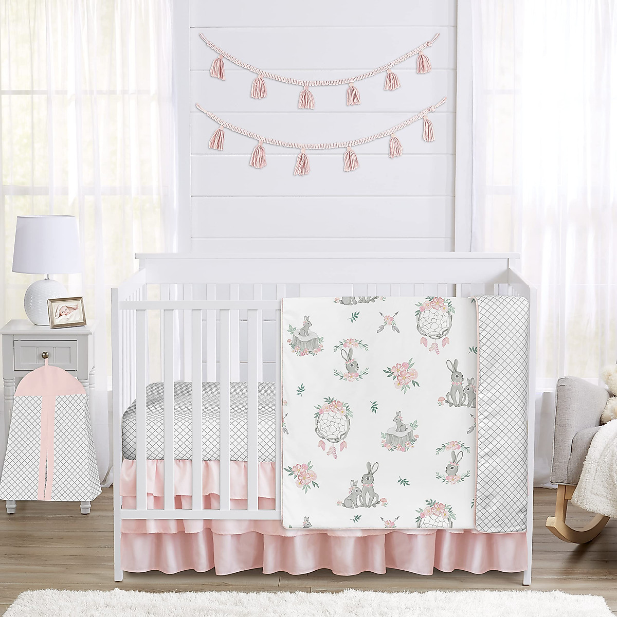 Sweet Jojo Designs Woodland Bunny Floral Girl Fitted Crib Sheet Baby or Toddler Bed Nursery Photo Op - Blush Pink and Grey Boho Watercolor Rose Flower Forest