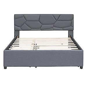 GJHOME Queen Size Upholstered Platform Bed Frame for Boys Girls Kids Adults Toddler with Brick Pattern Headboard and Twin XL Size Trundle, Linen Fabric, Gray