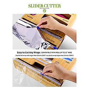 Bag Organizer Compatible with Ziplock, Jeethemy Foil and Plastic Wrap Organizer, 6 in 1 Bamboo Dispenser with Cutter for Kitchen Drawer and Wall Mounted, Storage for Gallon,Quart,Sandwich,Snack