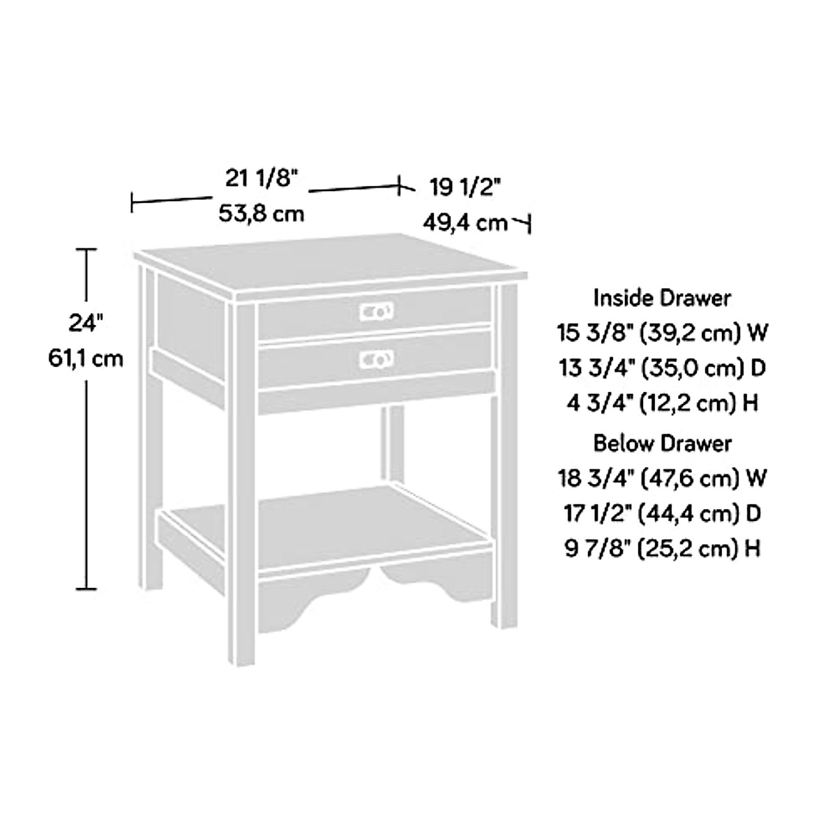 Sauder Dawson Trail Night Stand, L: 21.18" x W: 19.45" x H: 24.06", Raven Oak Finish
