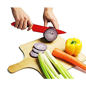 Kitchenson 3CR14 Stainless Steel Nonstick Multi-Color Professional Cutlery Set with 5 knives and 1 Clear Acrylic Stand 8.25” x 8.5”, Red, Pink, Orange and Yellow, 6 Piece Total