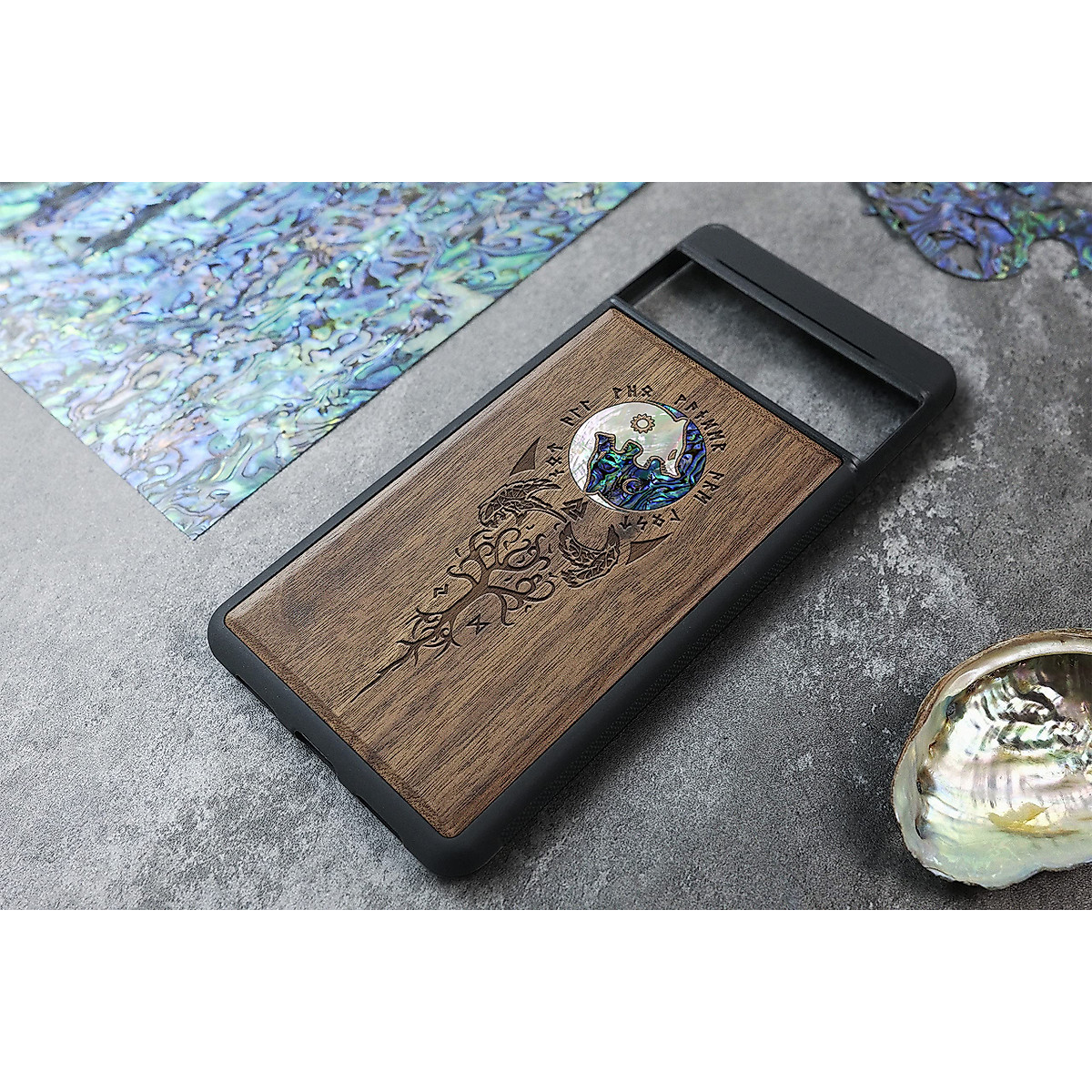 Carveit Hand-inlaid Wooden Case for Google Pixel 7 Pro, (Yinyang Wolf Engraved on Walnut) Compatible with QI Wireless Charging