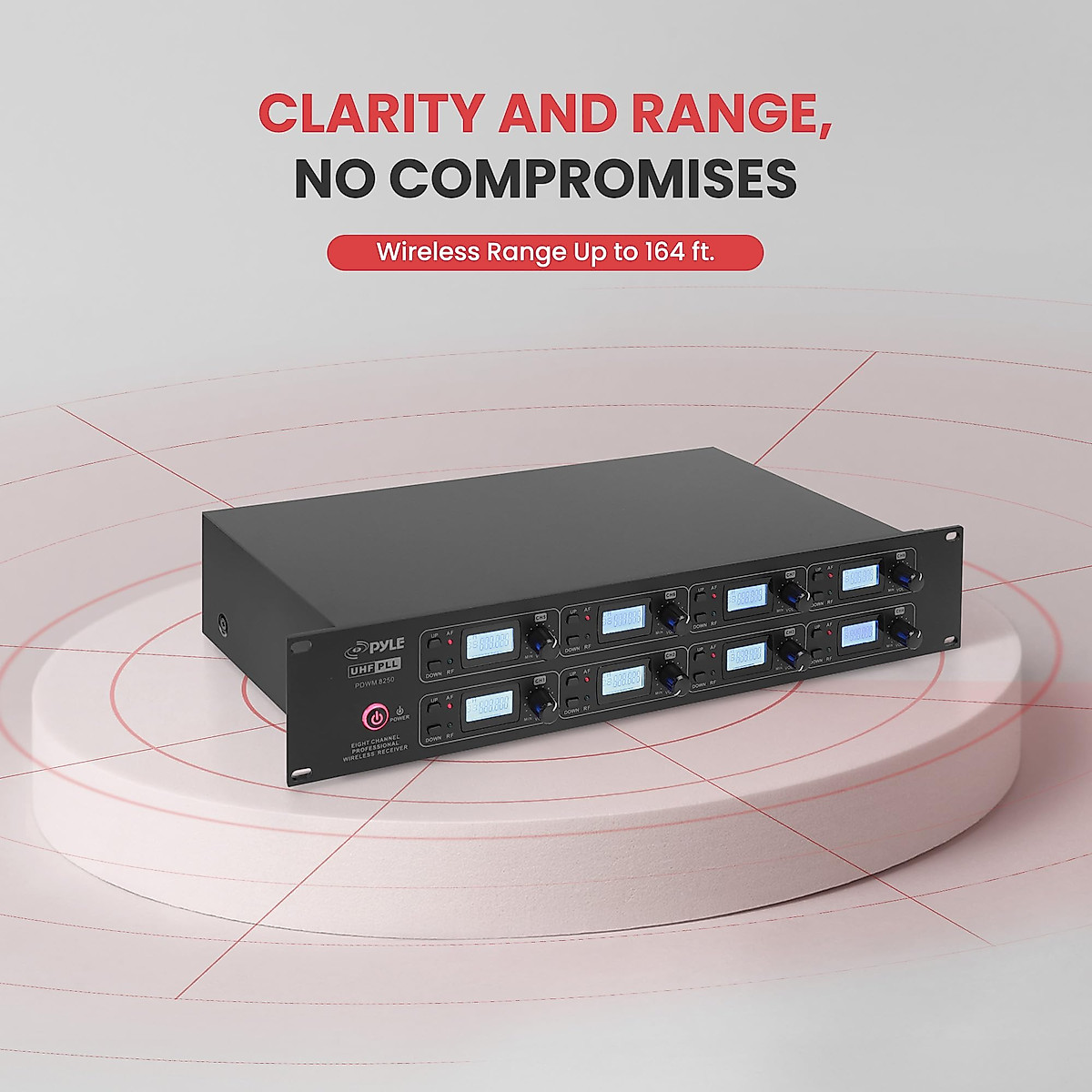 Pyle Professional 8 Channel UHF Wireless Microphone System 8 Handheld Mics Rack Mount Receiver Base RF & AF Radio/Audio Frequency Digital Display Independent Channel Volume Control (PDWM8250),Black