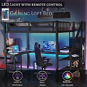 Full Size Loft Bed with Desk and Storage Stairs,Metal Full Loft Bed Frame with Wardrobe and Shelf, High Loft Bed with LED Light and USB Charging Station for Kids, Teens, Adults, Black