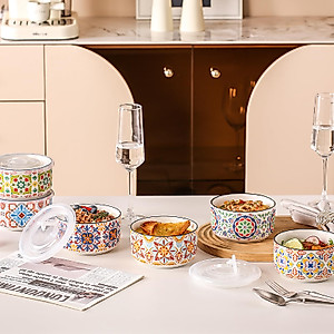 Chubacoo Ceramic Bowl with Lid: Microwave Safe Soup Containers Set of 6 for Meal Prep, Cereal, Salad, Picnic, Camping, Office Lunch, Kitchen Food Storage - 5 Inch, 20 oz, Design B