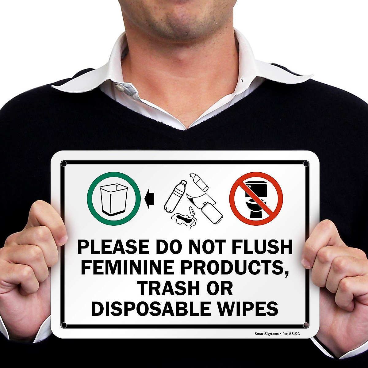 SmartSign 7 x 10 inch “Please Do Not Flush Feminine Products, Trash Or Disposable Wipes” Bathroom Etiquette Sign, 55 mil HDPE Plastic, Multicolor, Made in USA