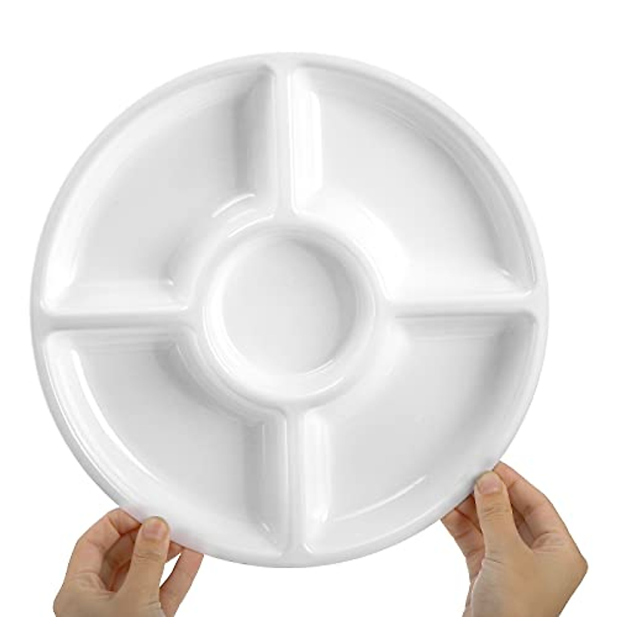 Okllen 12 Pack 5 Sectional Round Plastic Serving Tray, 12" Divided Candy Nut Serving Plate, Veggie Fruit Dish Platter Appetizer Tray for Dried Fruit, Snack, Desserts, Black & White