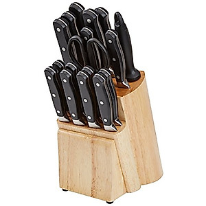 Amazon Basics 18-Piece Premium Kitchen Knife Block Set, High-Carbon Stainless Steel Blades with Pine Wood Knife Block
