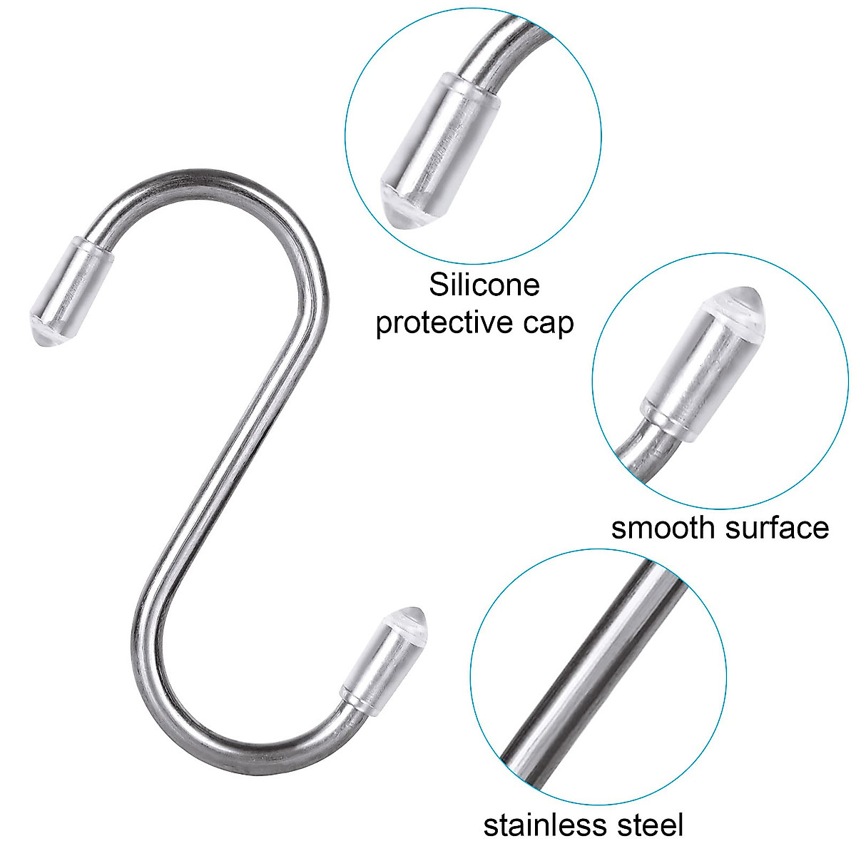 DAJAVE 100 Pack S Hooks for Hanging, 2.5 Inch Heavy Duty S Hook with Plastic Caps, Stainless Steel Small S Hanging Hangers Hooks for Hanging Kitchen Pans, Pots, Cups, Clothes, Bags