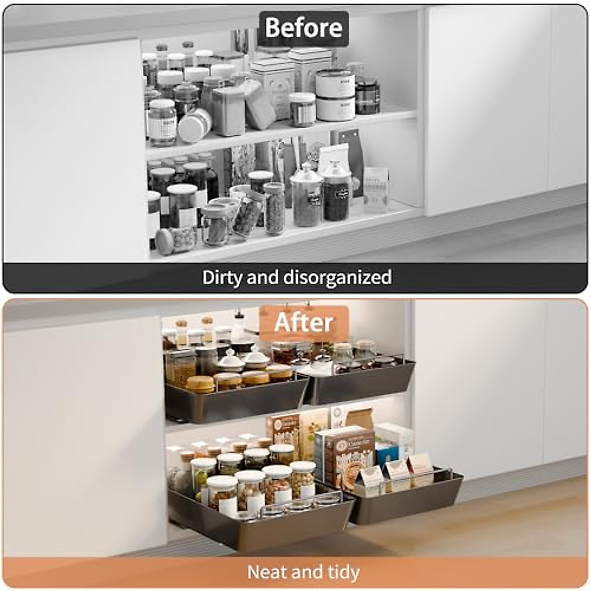 Sicamin 2 Pack Peel and Stick Pull Out Drawers for Cabinets, Adhesive Slide Out Drawers for Kitchen Cabinets Organizer, No Hardware Sliding Shelves Pantry Storage, 11.8”W x 16.5”D x 4.52" H, Black