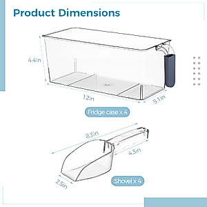 4 Set Clear Storage Bins with Scoops Stackable, Acrylic Freezer Ice Buckets with Scoops for Parties, Plastic Pantry Organizer Bins Food Storage Bins with Handle for Fridge, 4.4 Liter