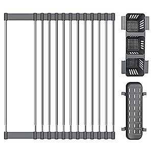 BUILOG Roll Up Dish Sink Drying Rack Extra Large Expandable to 22.9'',Stainless Steel Over Rolling up Mat Dish Drying Rack with 2 Storage Basket Holders for Kitchen Dishes Fruits