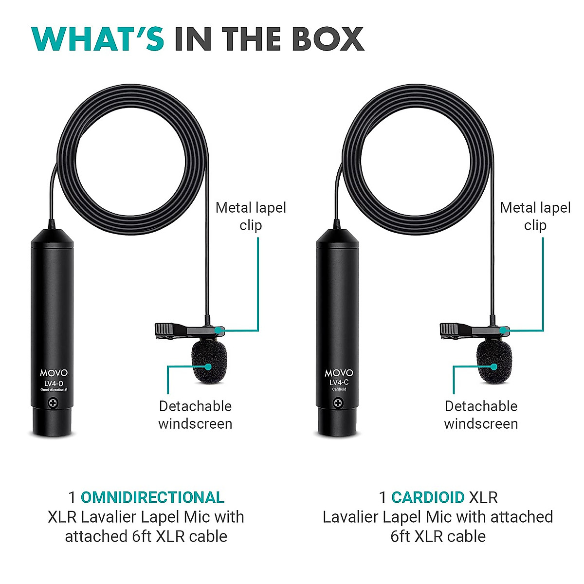 Movo LV4 Phantom Power XLR Lavalier Microphone Interview Kit with Omnidirectional and Cardioid XLR Lapel Mics, Metal Clips and Windscreens - Perfect for Video Shoots, Podcasting, YouTube Recording