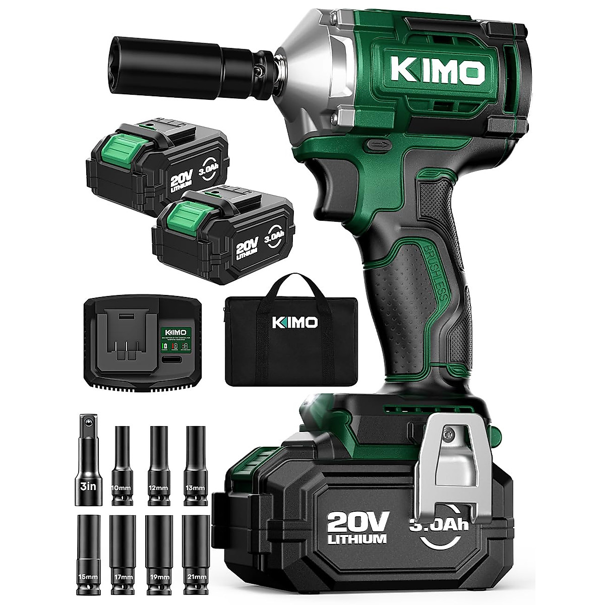 KIMO Impact Wrench 1/2 Inch with 814N.M/600ft-lbs Max Torque, 3 Mode Setting, 2 x 3000mAh Batteries, 3000 RPM, 1 Hour Fast Charger, 1/2 Impact Gun with Variable Speeds, 20V Impact Driver for Car Home