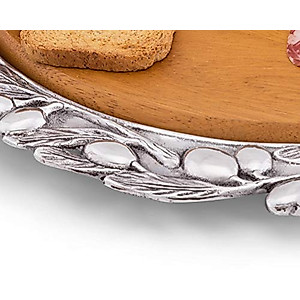 Arthur Court Sand-Cast Aluminum Pizza or Cheese Server with Wood Board; Olive Pattern Metal Holder 16 inch Diameter