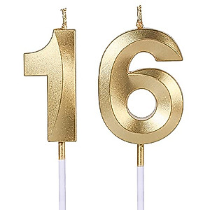 Gold 16th & 61st Birthday Candles for Cakes, Number 16 61 Glitter Candle Cake Topper for Party Anniversary Wedding Celebration Decoration