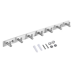 NHENY Towel Hook Rack Wall Mounted 17-Inch Coat Hanger with 7 Heavy Duty Hook, Easy to Install Rail for Bedroom, Bathroom, Foyer, Hallway, Garden, Office (304 Stainless Steel Brushed Nickel)