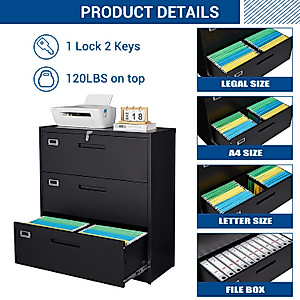 Fesbos Lateral File Cabinet with Lock, 3 Drawer Large Metal Filing Cabinet,Home Office Lockable Storage Cabinet for Hanging Files Letter/Legal/F4/A4 Size-Assembly Required