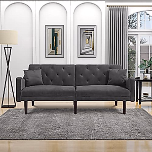 FULife 2-Seat 74.8" Modern Velvet Upholstered Futon Sofa Loveseat Convertible Sleeper Couch Bed Daybed, Folding Recliner with 2 Pillows for Living Room/Apartment/Office/Studio, Gray 72.8”W