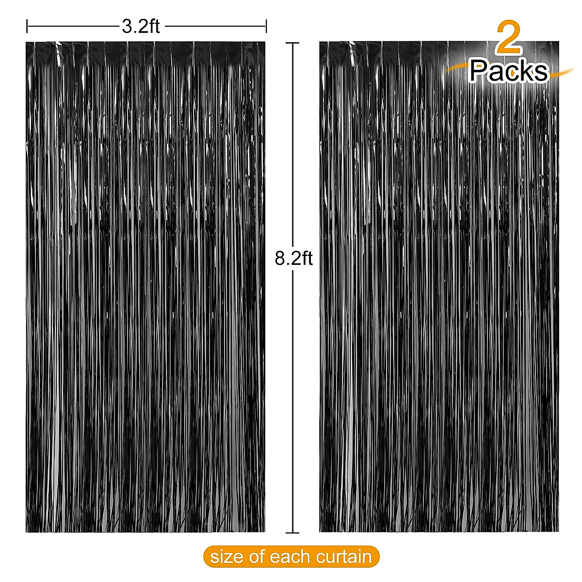 CHRORINE 2pcs 3ft x 8.3ft Black Tinsel Fringe Curtains Streamers Photo Backdrop for Birthday Graduation Halloween Anniversary Party Decorations