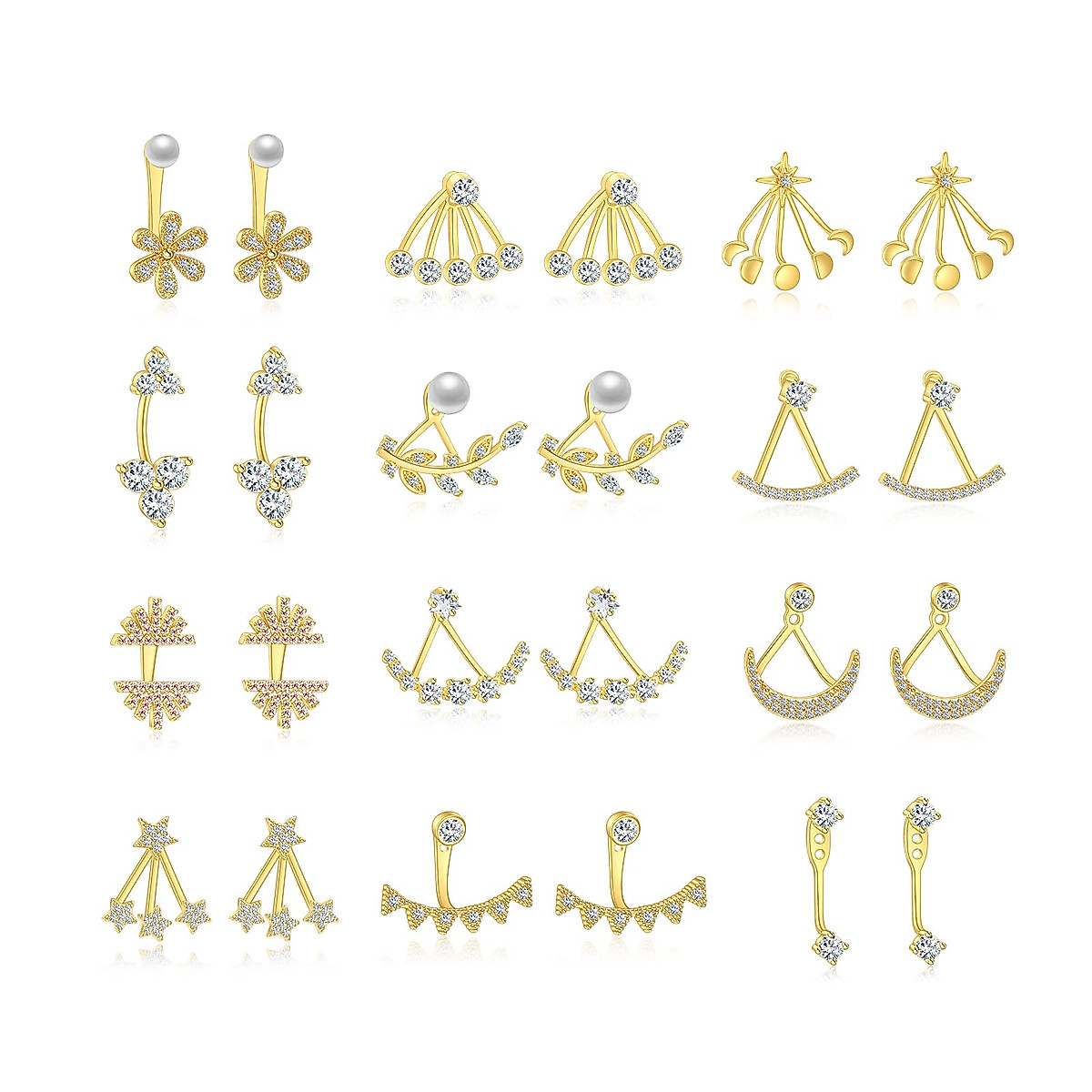 12 Pair Cubic Zirconia Moon and Star Jacket Cuff Earrings for Women, Gold Plated Front Back 2 in 1 with CZ Pearl, Flower Earring Studs