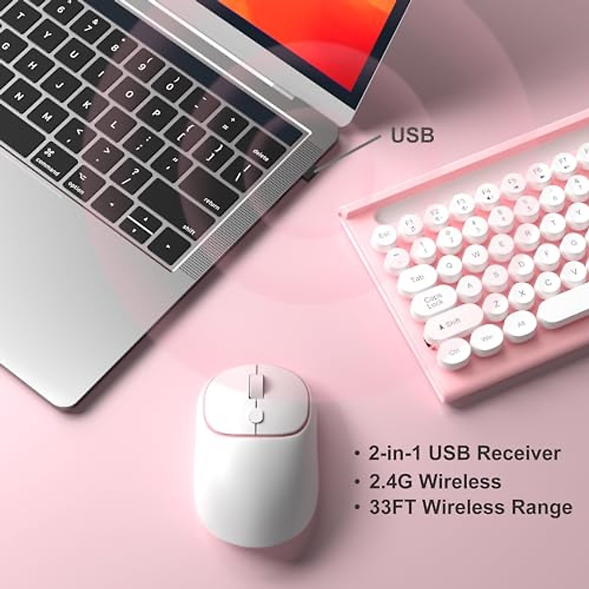 Typewriter Style Wireless Keyboard and Mouse Combo, Cute Pink Wireless Keyboard Mute Keyboard 2.4G with Retro Round Keycap Ergonomic Design and Waterproof Keyboard Mouse Combo, White & Pink
