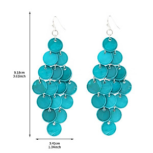 Jules D. Layered Dangling Shell Disc Beads Earring Handmade Multi Colorful Orange Red Blue Drop Chandelier Earring for Women (Blue Green)