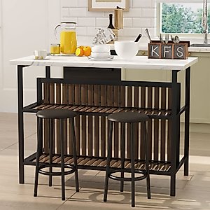 Recaceik 3 Piece Pub Table Set, Rectangular Bar Table with 2 Bar Stools, Faux Marble Dining Room Table Set of 2, Modern Counter Height Table with Storage, Kitchen Island with Seating