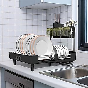Ollieroo Dish Drying Rack, Rustproof Dish Racks for Kitchen Counter with Removable Utensil Holder,Knife Slots and Cups Holder,Large Capacity Drying Rack for Storage Plates Bowls Cups Utensil(Black)