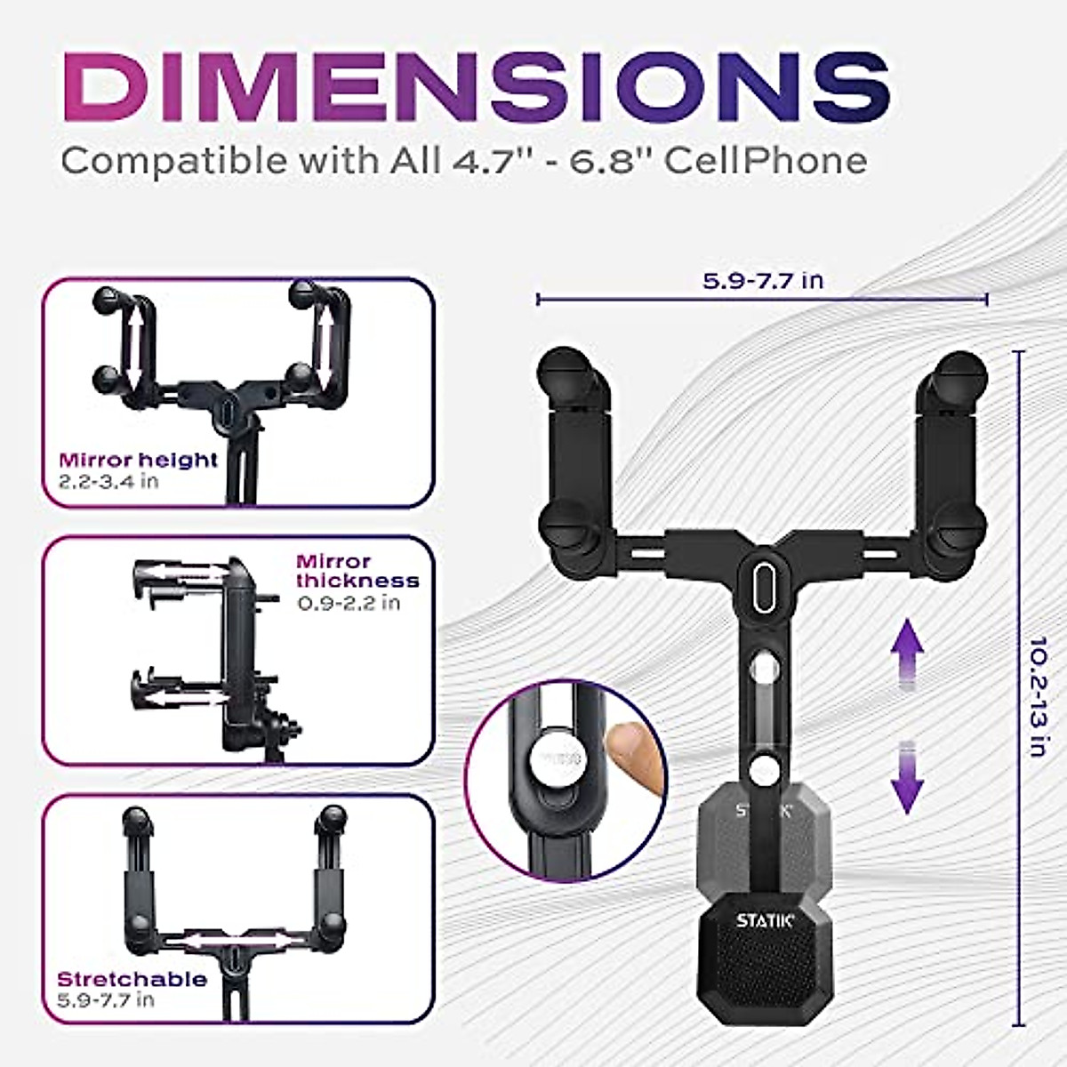Statik Magnetic Car Rear View Mirror Phone Holder | Eye Level Driving | 360 Rotation Retractable Adjustable | Sturdy Rearview Mirror Phone Mount Magnet