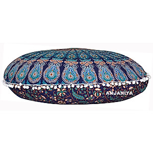 ANJANIYA - 32" Peacock Mandala Bohemian Yoga Meditation Floor Pillow Cover Comfortable Home Car Bed Sofa Cushion Couch Seating Large Zipped Throw (32 inches, Blue Green)