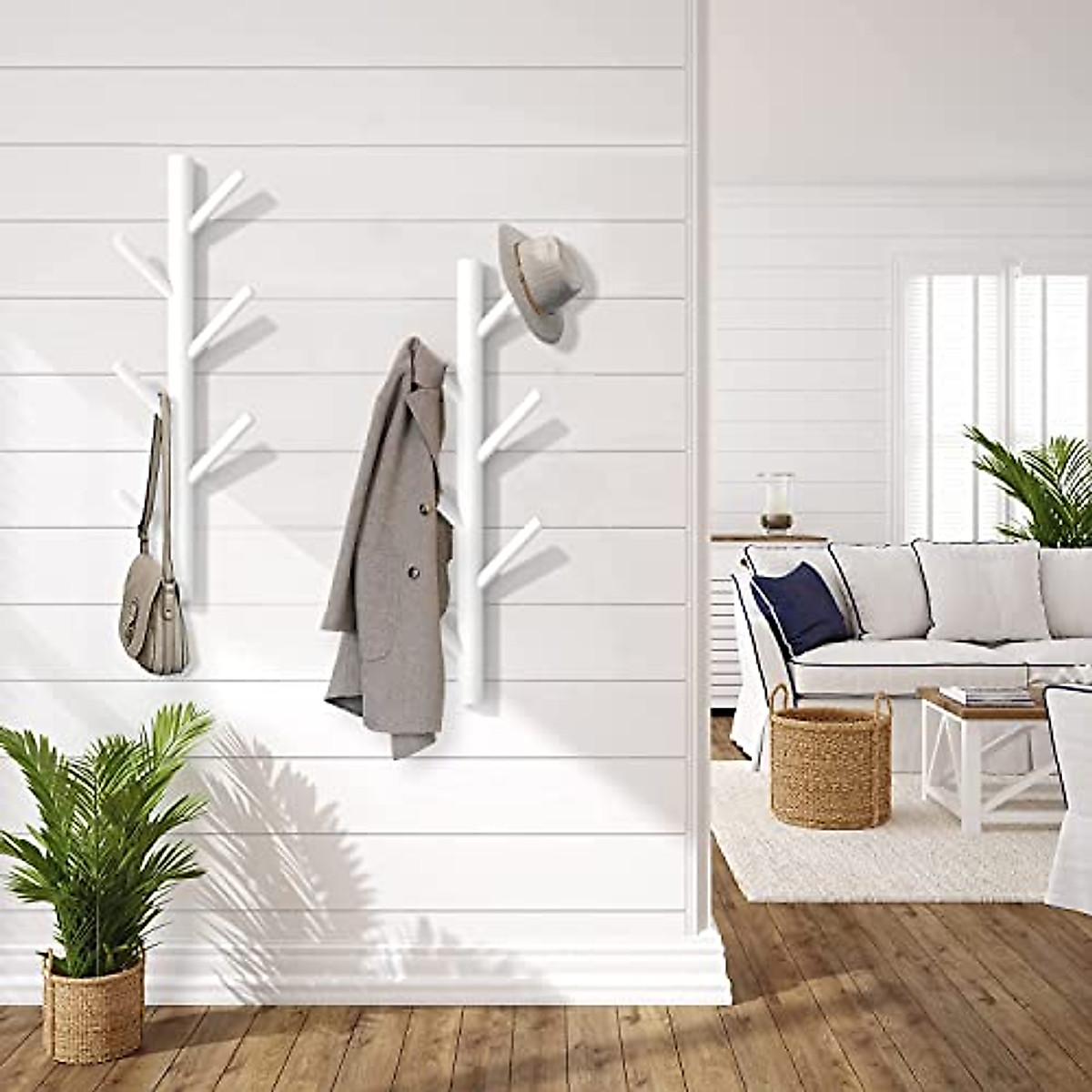6 Hooks Hanging Modern Wall Mounted Coat and Hat Rack,Wood Hook Wall Decor Hanger for Bedroom and Entryway，Heavy Duty Easy Assembly - 2 Pack White (24 inch)
