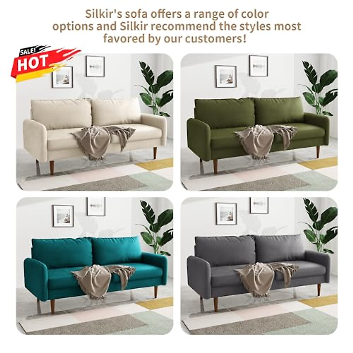 SILKIR Mid-Century Modern Small Spaces Comfy Velvet Living Room,Office,and Apartment,Loveseat Couch Sofas, 58 & 70 Inch, Eggplant
