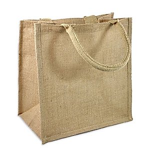 (Pack of 12) Jute/Burlap Tote Bags Soft Cotton Handles Laminated Interior (Medium, Natural)