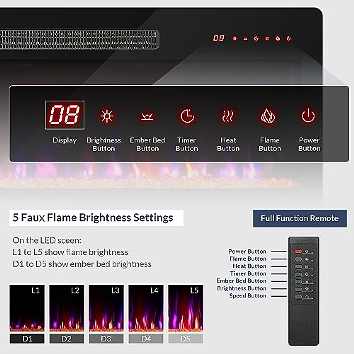 BELLEZE 36" Electric Fireplace Heater, 1400 W Recessed & Wall Mounted Electric Fireplace with Remote Control, Freestanding Heater with Adjustable Flame Color and Brightness, Timer, Touch Screen