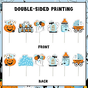 Jollyboom Halloween Baby Shower Party Decoration Boy, 36Pcs A Baby Is Brewing Baby Shower Decorations Cupcake Topper for A Little Boo Is Almost Due Halloween Welcome Baby Shower Gender Revel