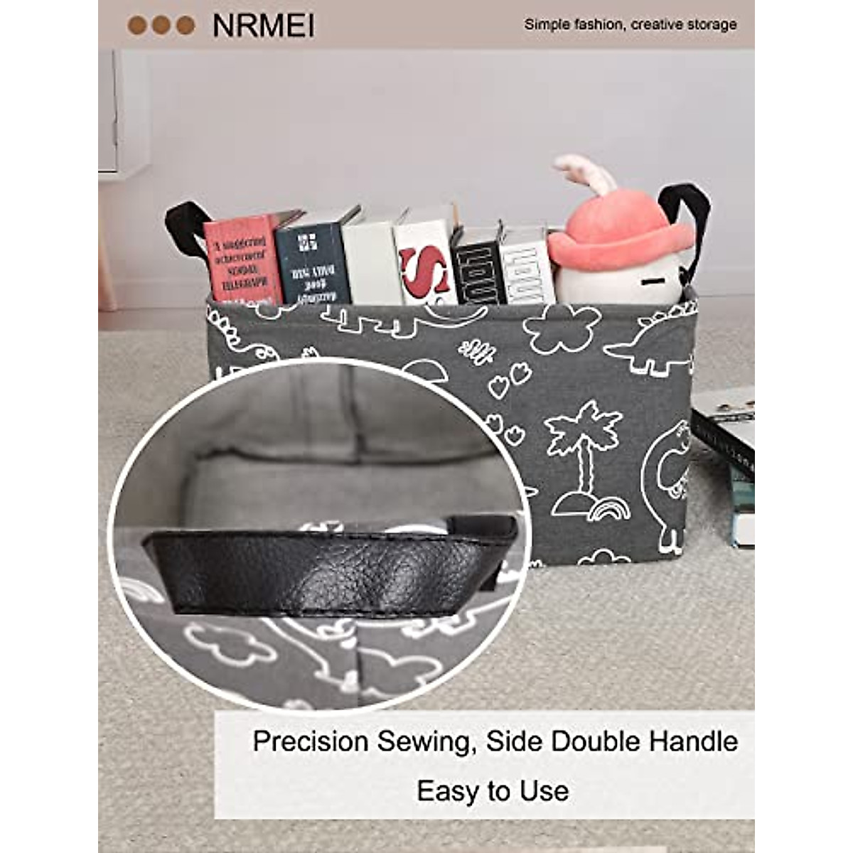 NRMEI Rectangle Storage Bin Toy Organizer Foldable Waterproof Coating Nursery Hamper for Living Room Bedroom and Clothes Toys(Rec Line Dinosaur)