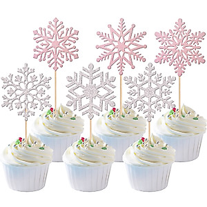 36 PCS Snowflake Cupcake Toppers Glitter Winter Frozen Theme Cupcake Picks Little Snowflake Cake Decorations for Winter Wonderland Baby Shower Kids Birthday Christmas Party Supplies Silver Pink