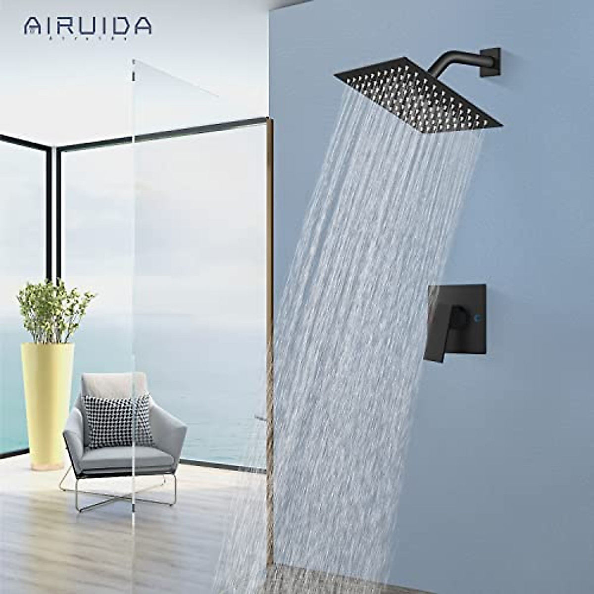 Airuida Shower Faucet Set Bathroom Rain Shower System SUS304 Stainless Steel Single Handle With Male Threads Rough-in Valve Shower Trim Kit 8 Inch Wall Mount Shower Head Matte Black