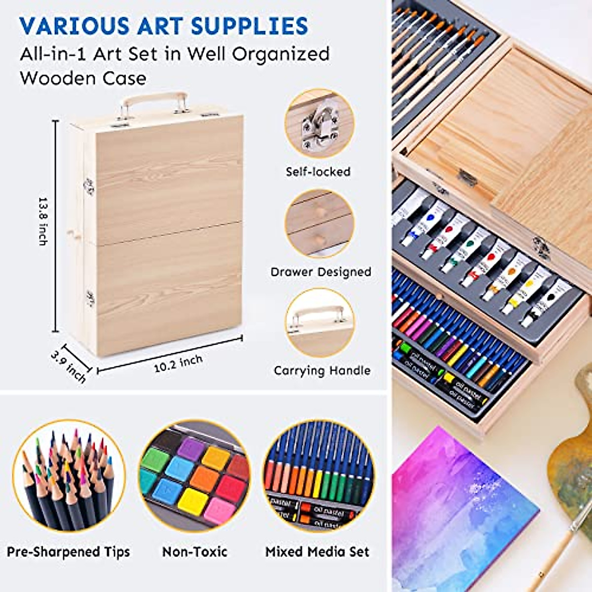 Art Set 85 Piece with Built-in Wooden Easel, 2 Drawing Pad, Art Supplies in Portable Wooden Case-Painting & Drawing Set Professional Art Kit