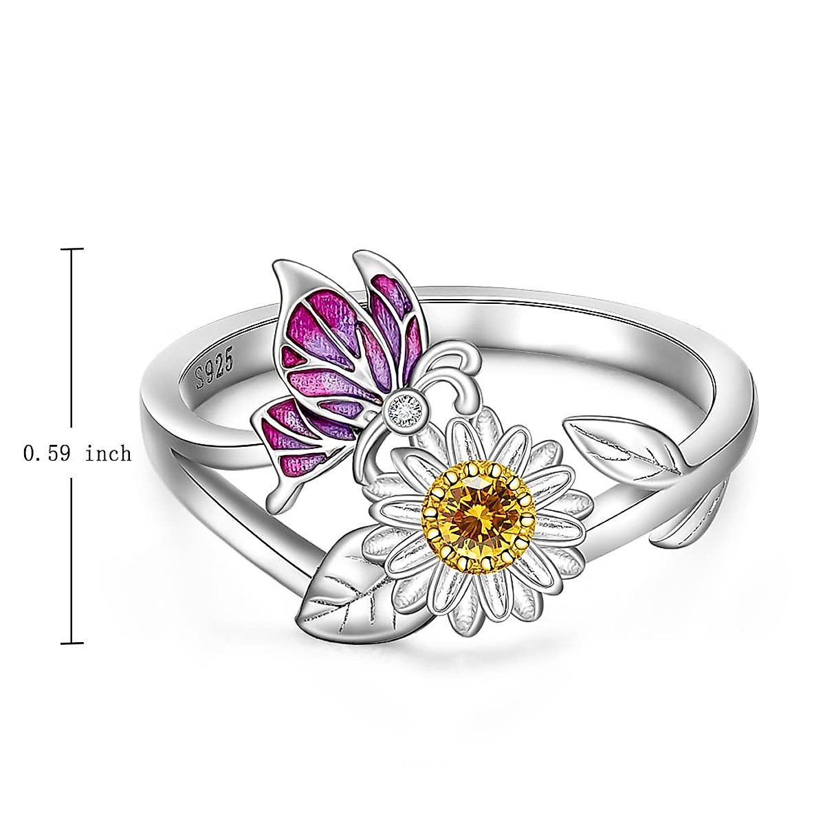 Fenthring Daisy Ring Butterfly Gifts for Women Flower Jewelry Sunflower Sterling Silver Engagement Dainty Cubic Zirconia Cute Rings Size 7