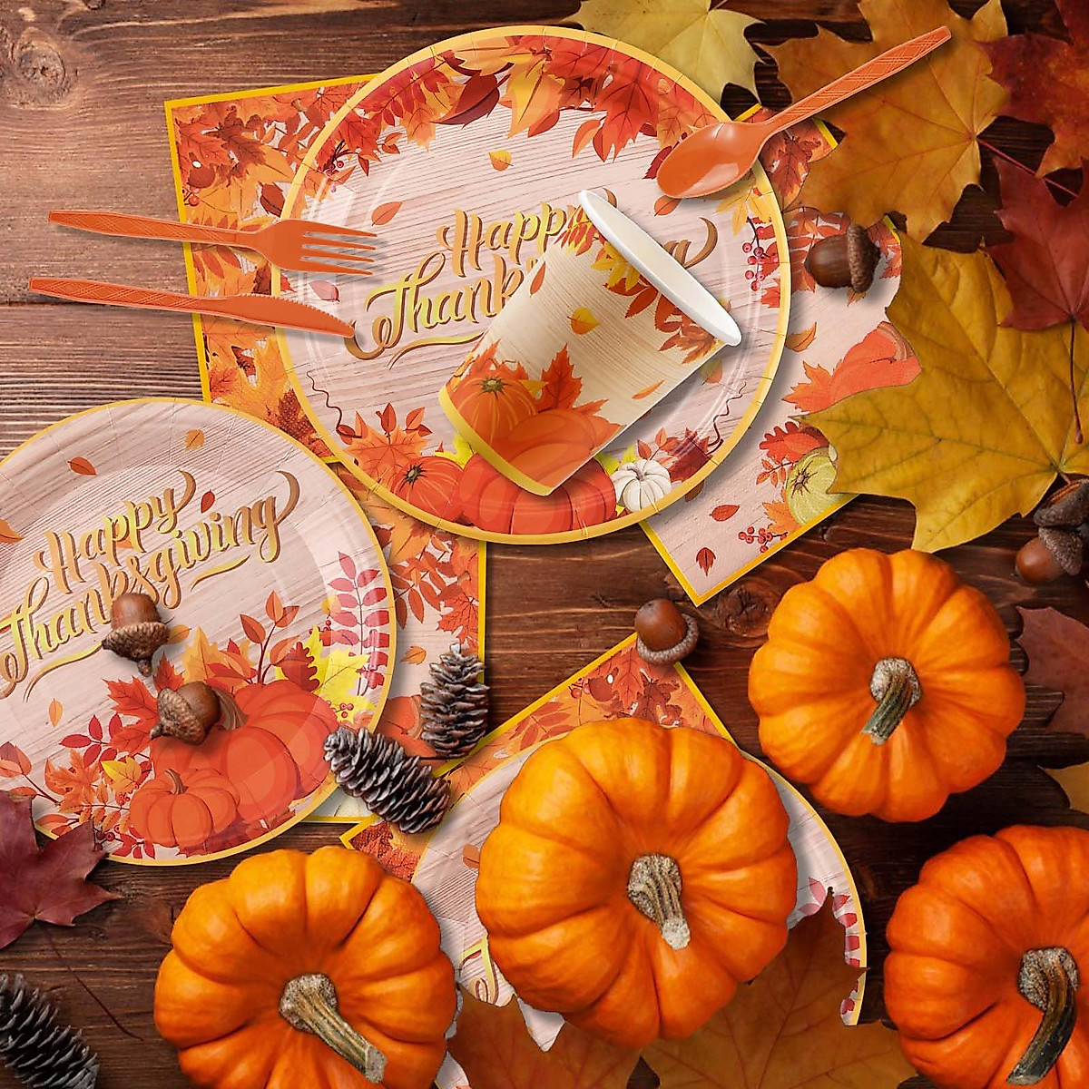 Grencian 175Pcs Thanksgiving Paper Plates and Napkins Set Thanksgiving Party Supplies Happy Thanksgiving Fall Leaves Disposable Dinnerware Set for Thanksgiving Theme Party, Serves 25