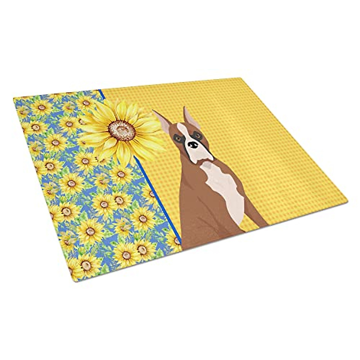 Caroline's Treasures WDK5344LCB Summer Sunflowers Red Fawn Boxer Glass Cutting Board Large Decorative Tempered Glass Kitchen Cutting and Serving Board Large Size Chopping Board