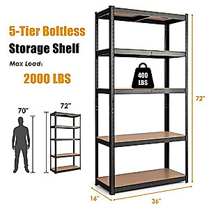 Tangkula Metal Storage Shelves, Heavy Duty Steel 5 Tier Utility Shelves with Adjustable Shelves, Bolt-Free Assembly, High Weight Capacity, Garage Organization Storage Rack, 36"Lx16''Wx72"H (1, Black)